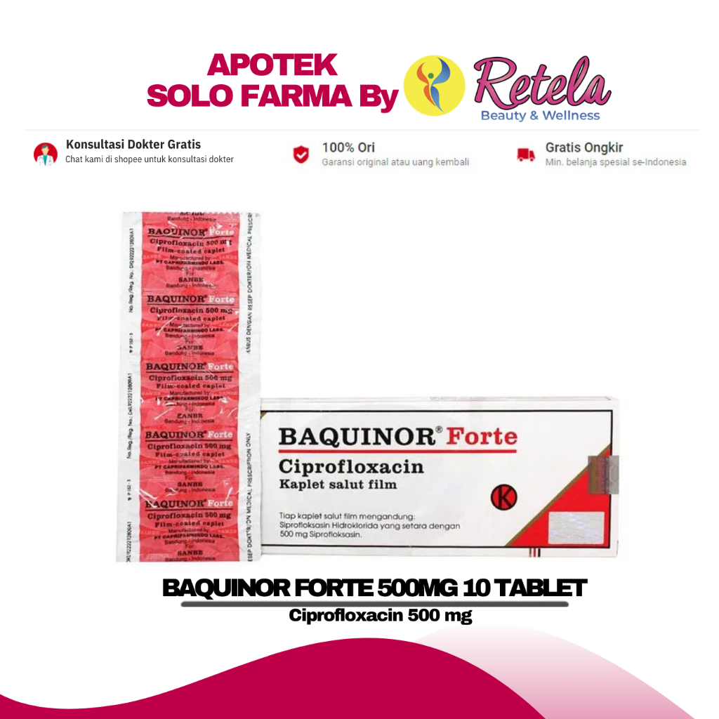 Jual BAQUINOR FORTE 500MG 1 STRIP 10 TABLET ( CIPROFLOXACIN HCL 500 MG ...