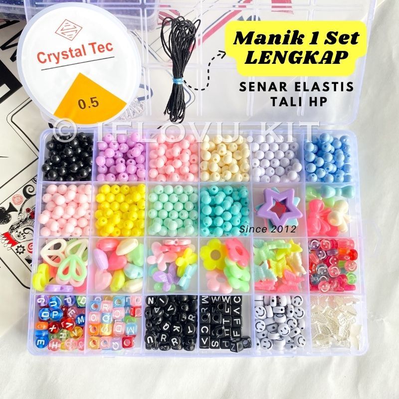 Jual Manik Manik 1 Set Kotak Lengkap + Senar Elastis + Tali Gantungan Hp | Set manik Lucu Korea ...