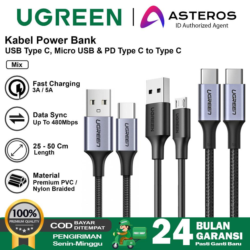 Jual UGREEN Kabel Data Power Bank 25Cm 50Cm Usb Type C, Micro Usb, PD Type C Fast Charging ...