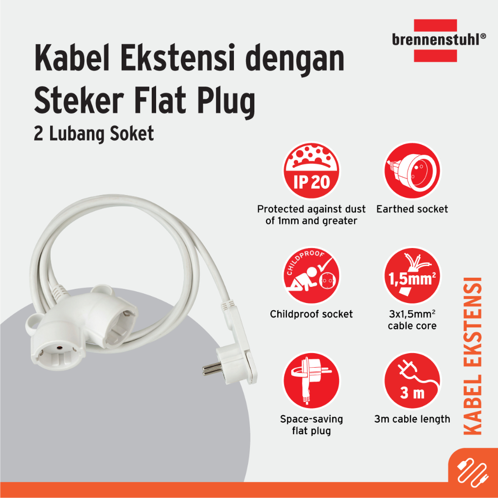 Jual Brennenstuhl Flat Plug Kabel Ekstensi 2 Soket dengan Steker Datar ...