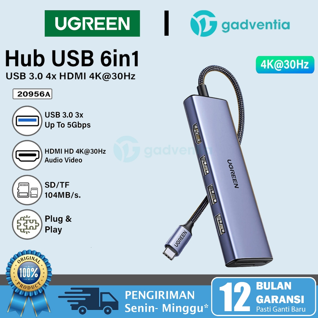 Jual UGREEN Adapter USB Type C Splitter HUB Splitter Multiport 6in1 4 ...
