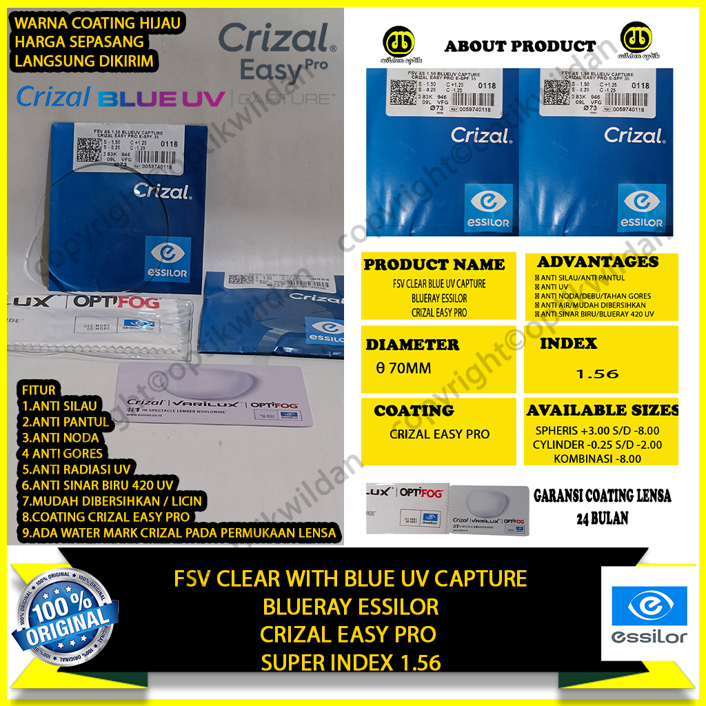 Jual ESSILOR CRIZAL EASY PRO FSV 1.56 SUPER ASPHERIS CLEAR WITH BLUE UV ...