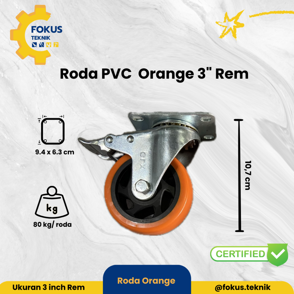 Jual Roda Caster PVC Rem 3 inch / Roda Troli / Roda Kastor Orange ( REM ...