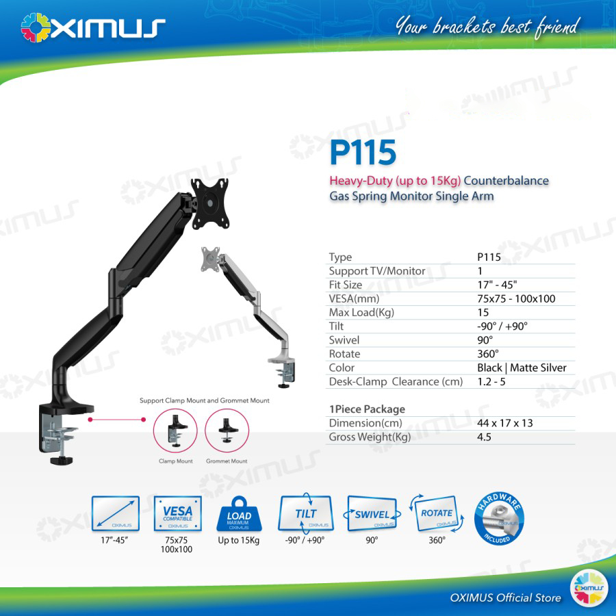Jual OXIMUS P115 Heavy Duty CounterBalance Gas Spring monitor Arm upto ...