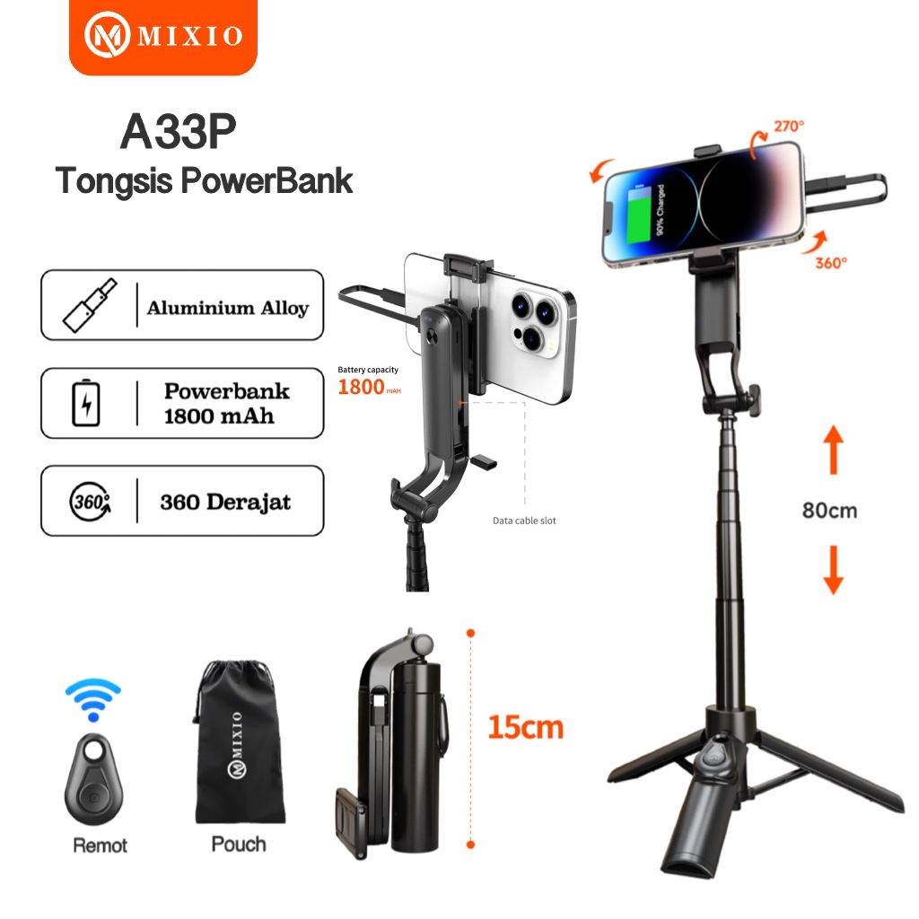 Jual MIXIO A33P Tongsis Powerbank Bluetooth Selfie Stick Tripod Mini ...