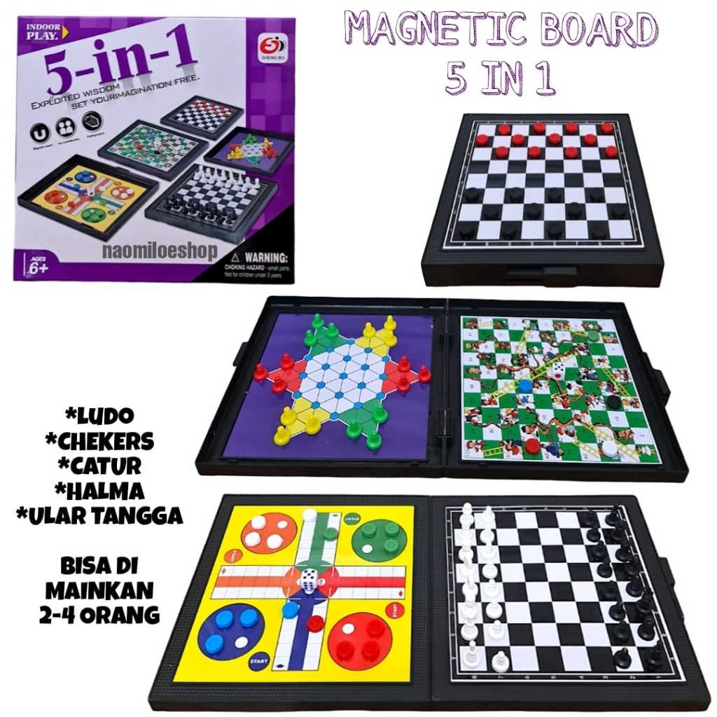 Jual 5in1 board games magnetic mainan papan catur game ludo mainan ular ...