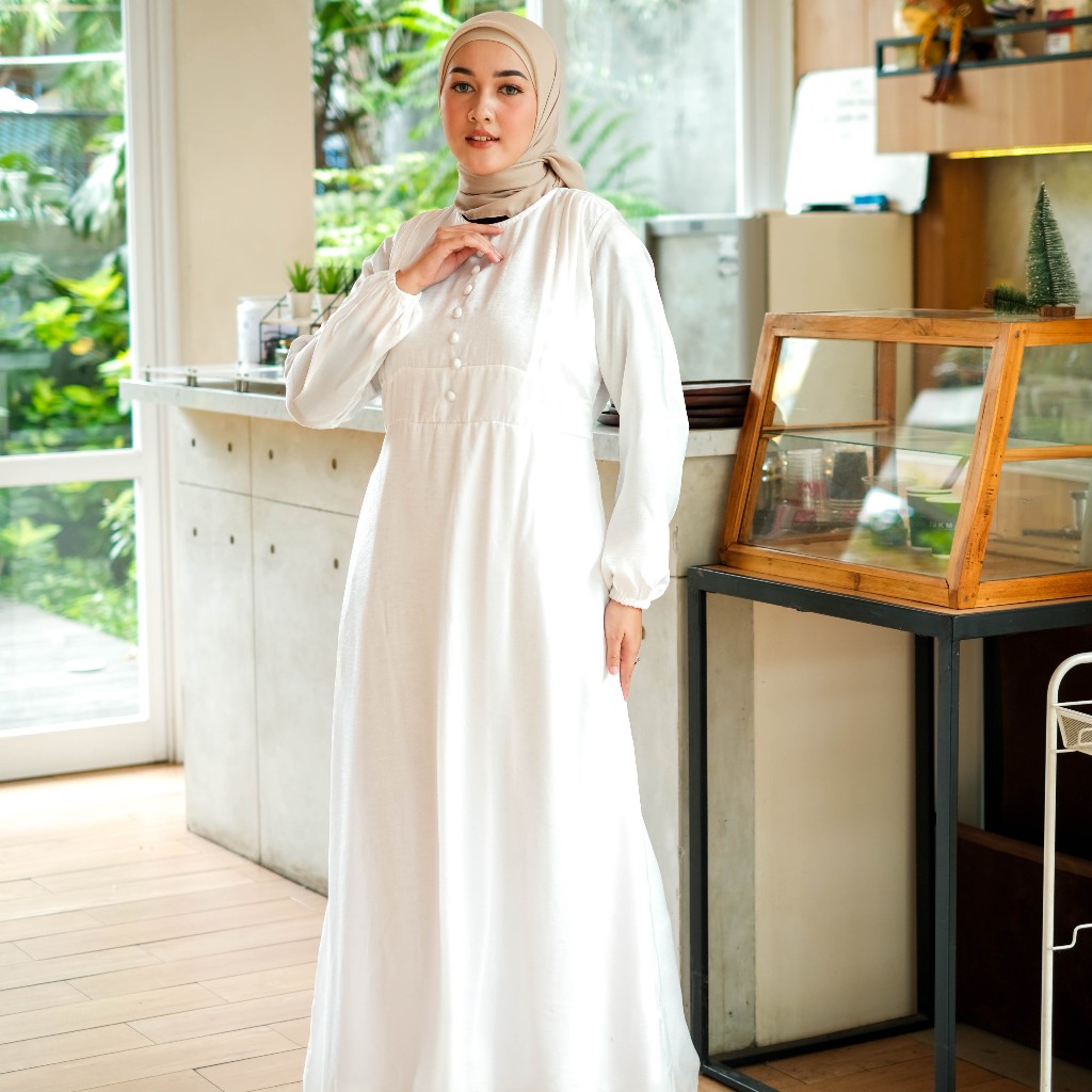 Jual TAFANA - Shanum Dress Wanita Elegan | Bahan Santorini Motif Putih ...