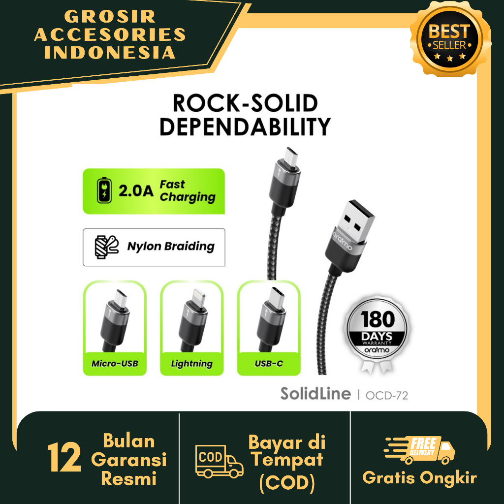 Jual Oraimo Data Cable Solidline 5V 3A Fast Charging 1M OCD-M72/C72/L72 ...