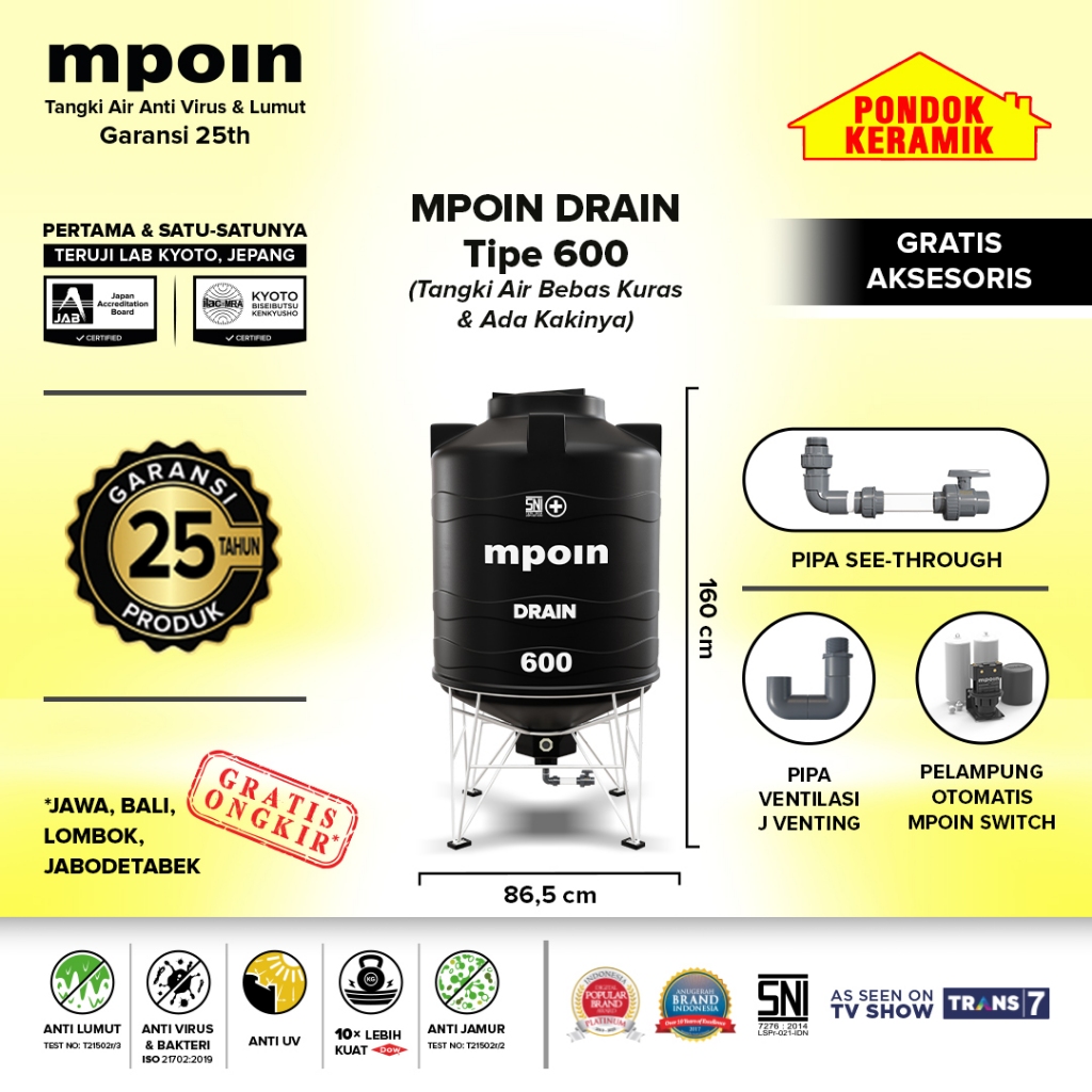 Jual Tandon Mpoin Plus Drain 600 Tangki Tandon Air 550 Liter Toren Anti ...