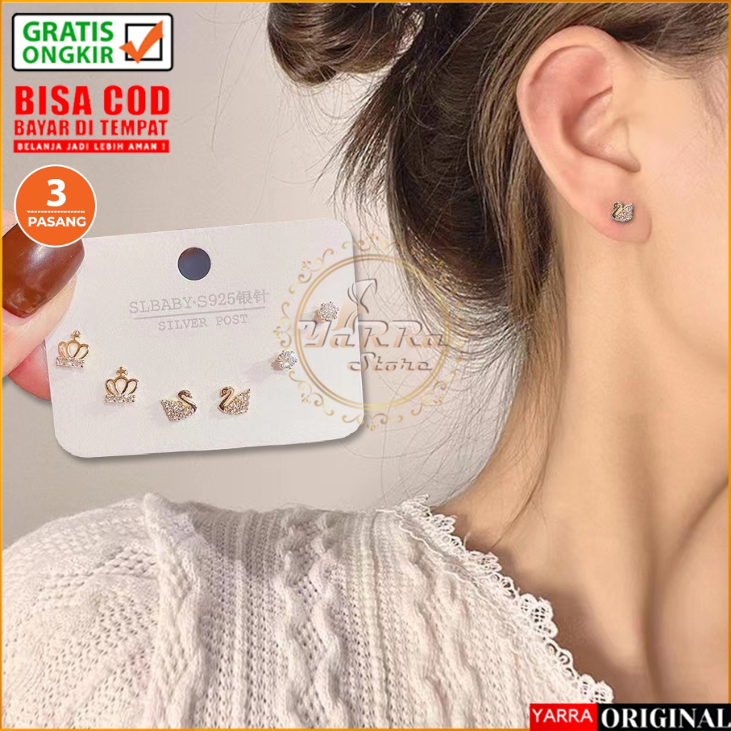 Jual Anting Korea Wanita Set 3 Pcs Model Mahkota Angsa Zircon Aksesoris ...