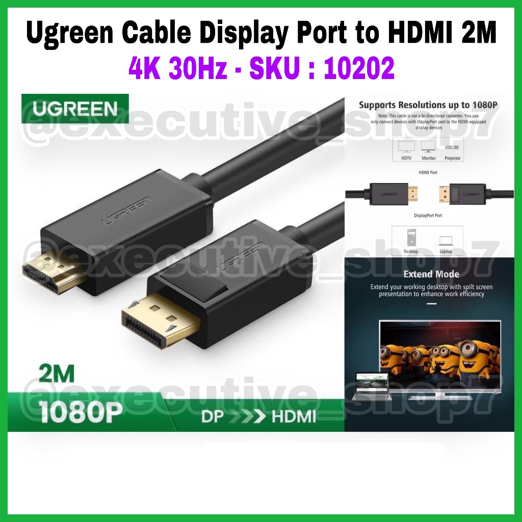 Jual Ugreen Cable Display Port to HDMI 2M - 4K 30Hz - SKU : 10202 ...