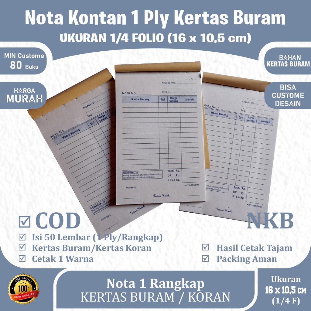 Jual Nota Kontan ukuran 1/4 Folio 1 ply Bahan Kertas Buram/koran dan ...