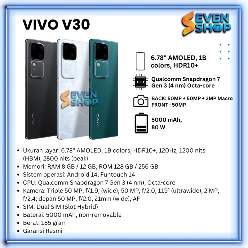 Jual Vivo V30 8/256 12/512 80watt fast charging Garansi Resmi 1 tahun ...