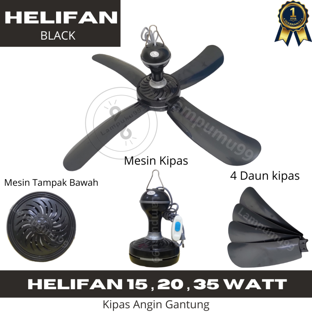 Jual Helifan Hitam Black Kipas Angin Gantung 4 Baling 15 20 35 Watt ...