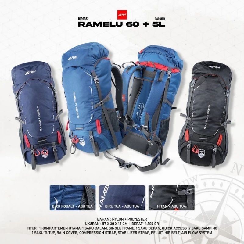 Jual Tas Gunung / Tas Carrier Ramelu 60+5 Liter Arei Outdoorgear ...