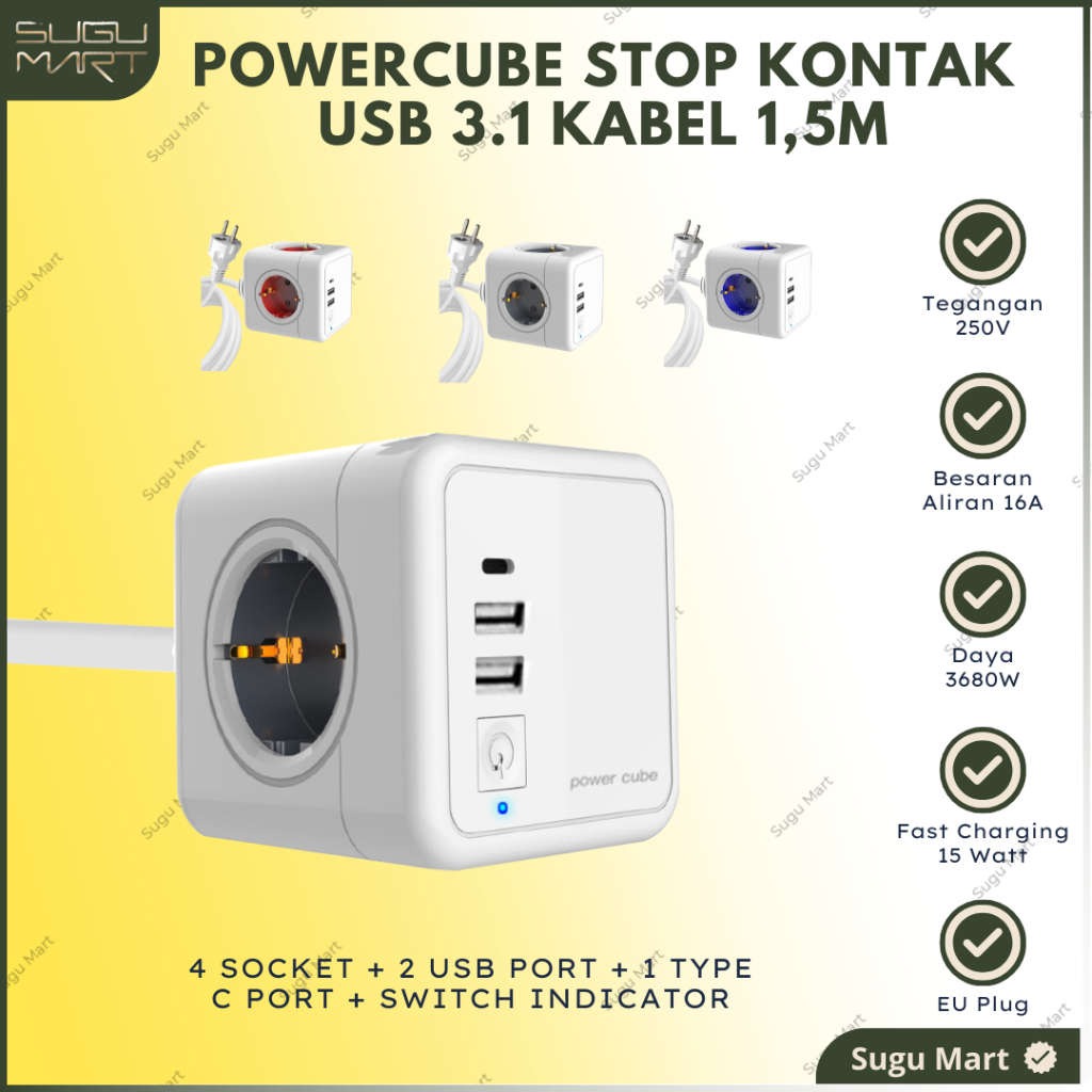Jual SOCKET POWER CUBE USB 3.1 KABEL 1.5 M | POWERCUBE STOP KONTAK LISTRIK | STOP KONTAL COLOKAN ...