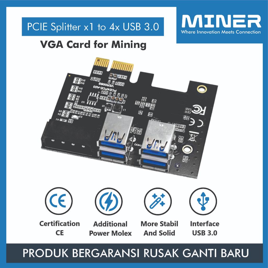 Jual MINER GPU Splitter x1 PCIE to 4x USB 3.0 Extender VGA Card With ...