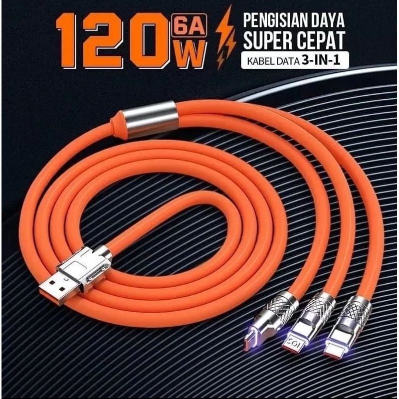 Jual KABEL DATA 120W 3 IN 1 FAST CHARGING KABEL DATA SILIKON 3 IN 1 KABEL DATA 6A 1200MM MICRO ...
