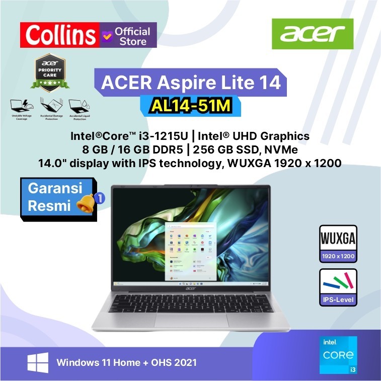 Jual ACER Aspire Lite 14 AL14-51M i3-1215U 256GB/512G 14" WUXGA IPS W11 ...