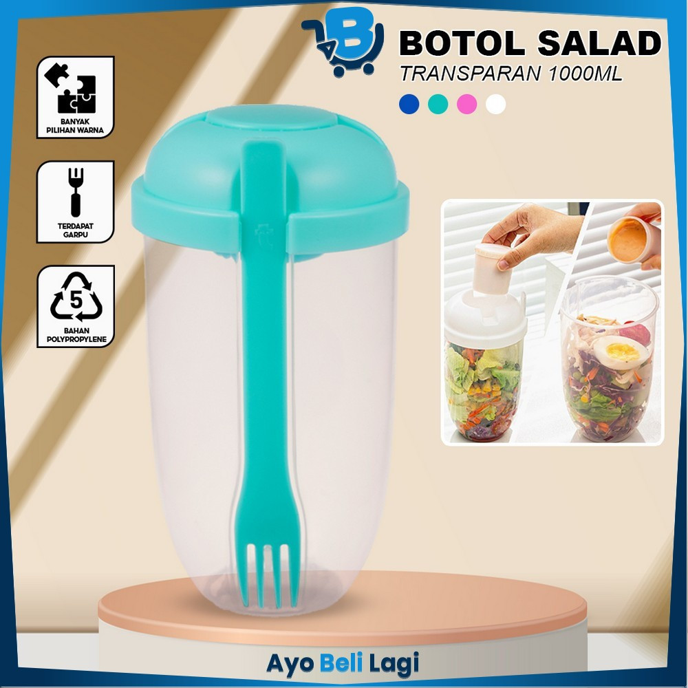 Jual Botol Salad Transparan 1000ML dengan Sendok Garpu Portable / Gelas ...