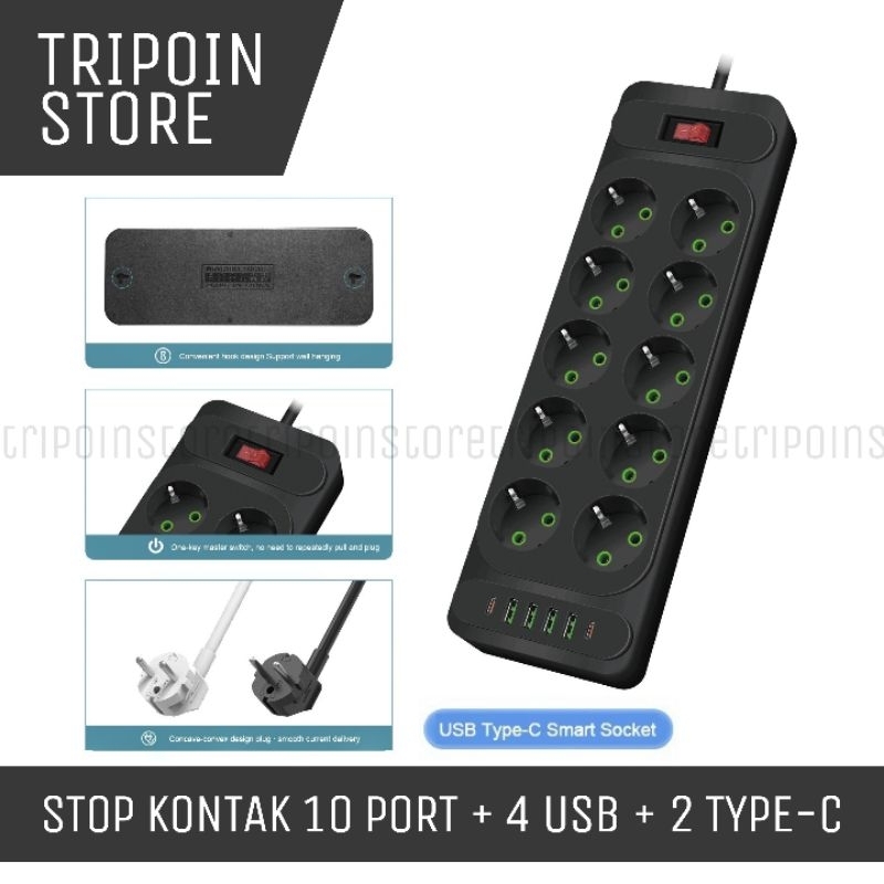 Jual Stop Kontak 10 Lubang Socket + 4 USB + 2 Type-C - Colokan Power ...