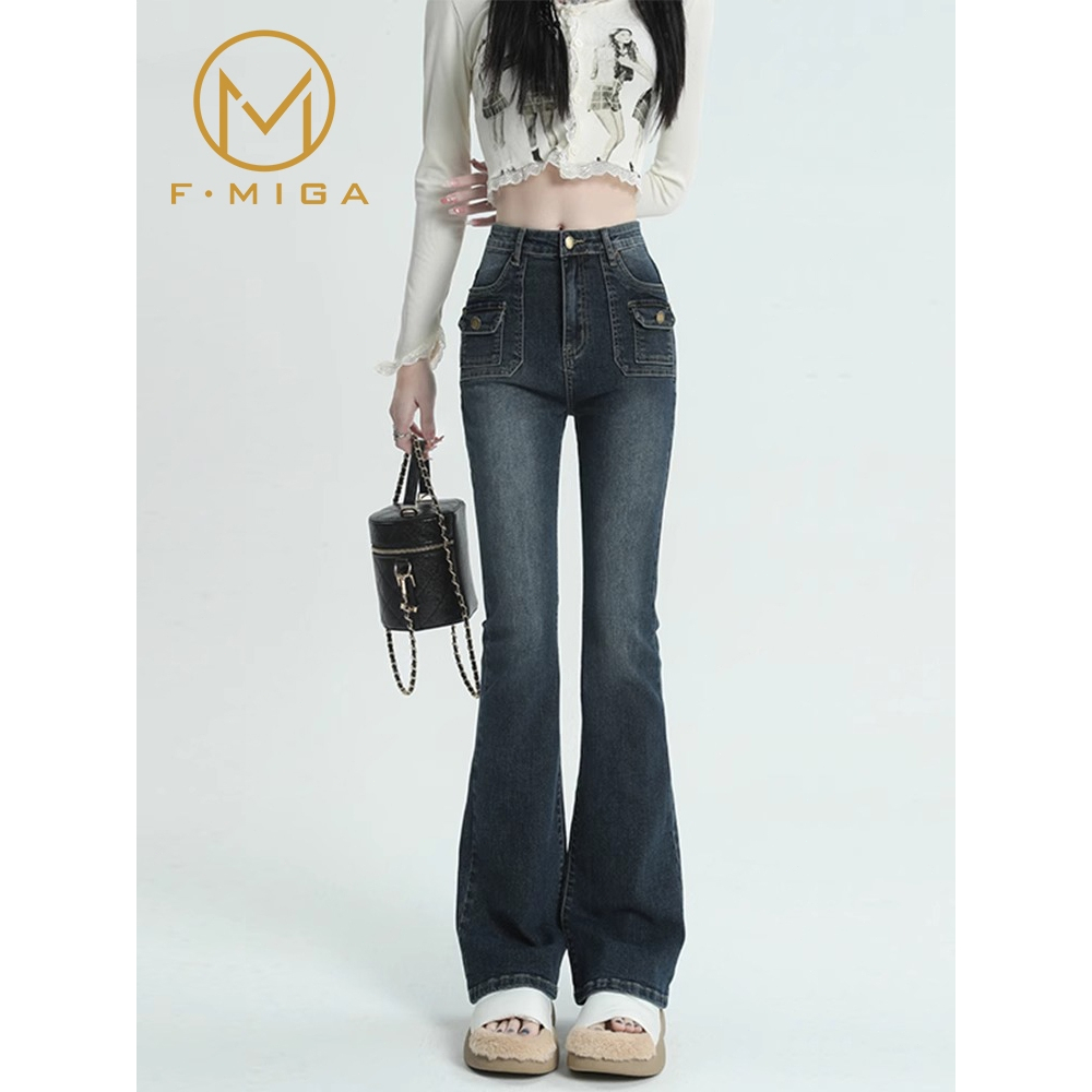 Jual F·MIGA C61 Biru retro Highwaist Stretch Cutbray Flare Celana Jeans ...