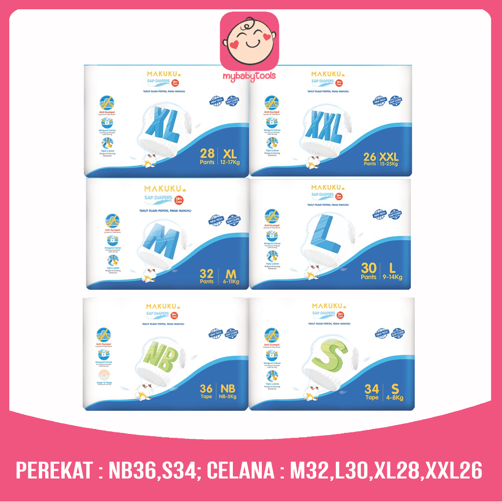 Jual MAKUKU SAP DIAPERS SLIM CARE TAPE NB36 S34 PANTS M32 L30 XL28 XXL26 | Shopee Indonesia