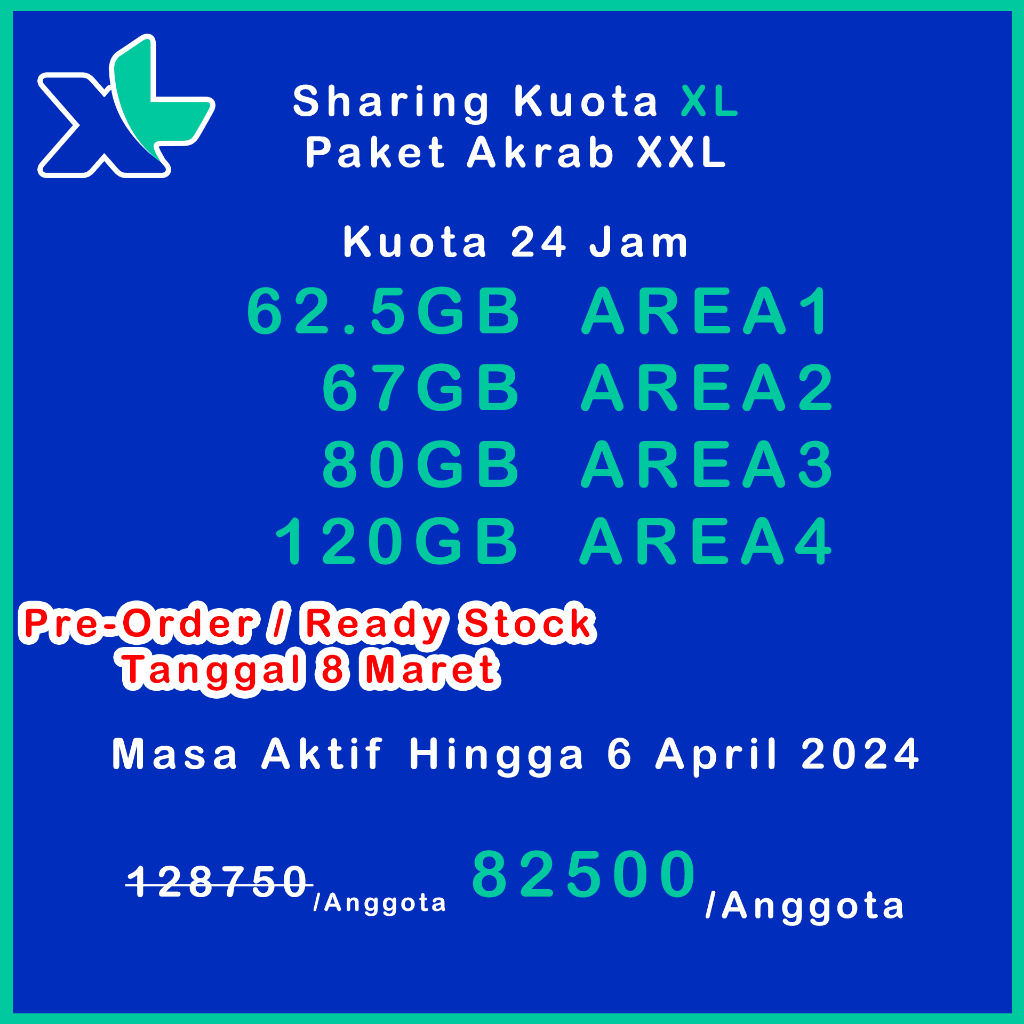 Jual Sharing Kuota Paket Akrab XL 62.5GB Hingga 120GB Full 24 Jam ...