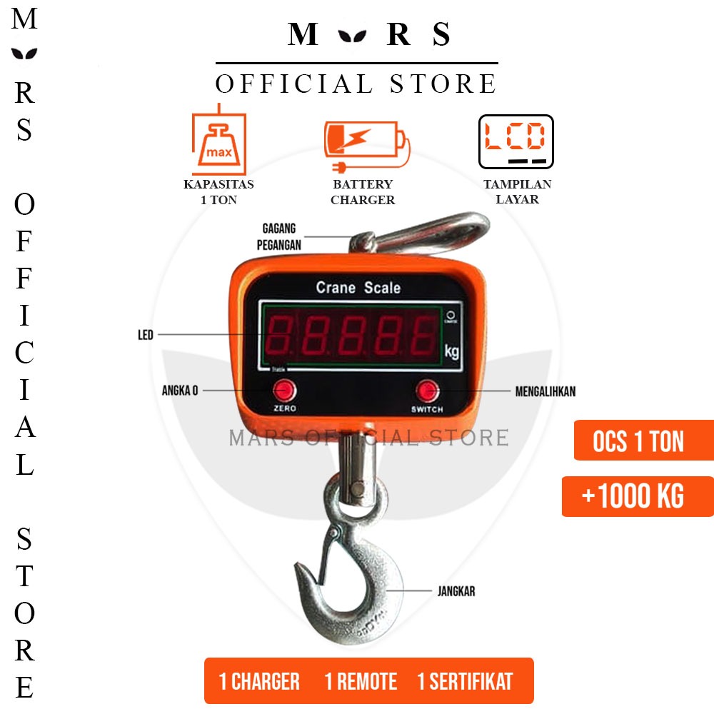 Jual OCS - 1T Timbangan Gantung Digital 1 TON / 10 Kg LED Elektronik Remote Kontrol Besi ...