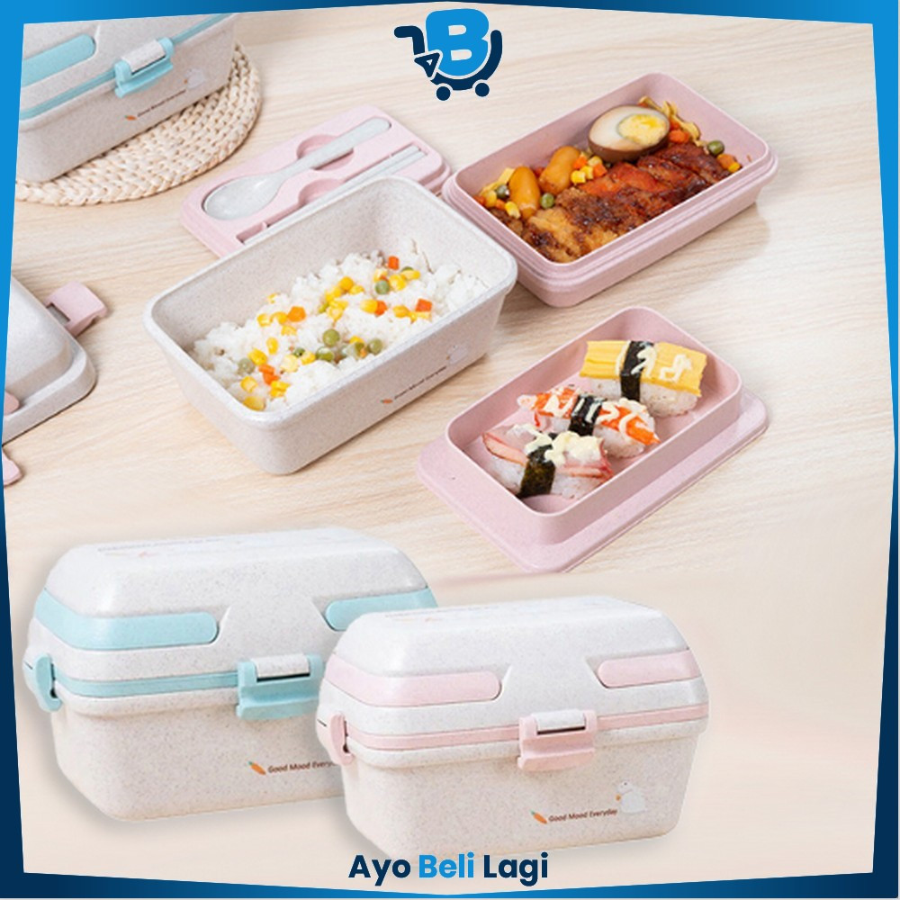 Jual Lunch Box Set Free Sendok Sumpit Anti Tumpah Bahan PP Jerami Gandum BPA FREE / Tempat Makan ...