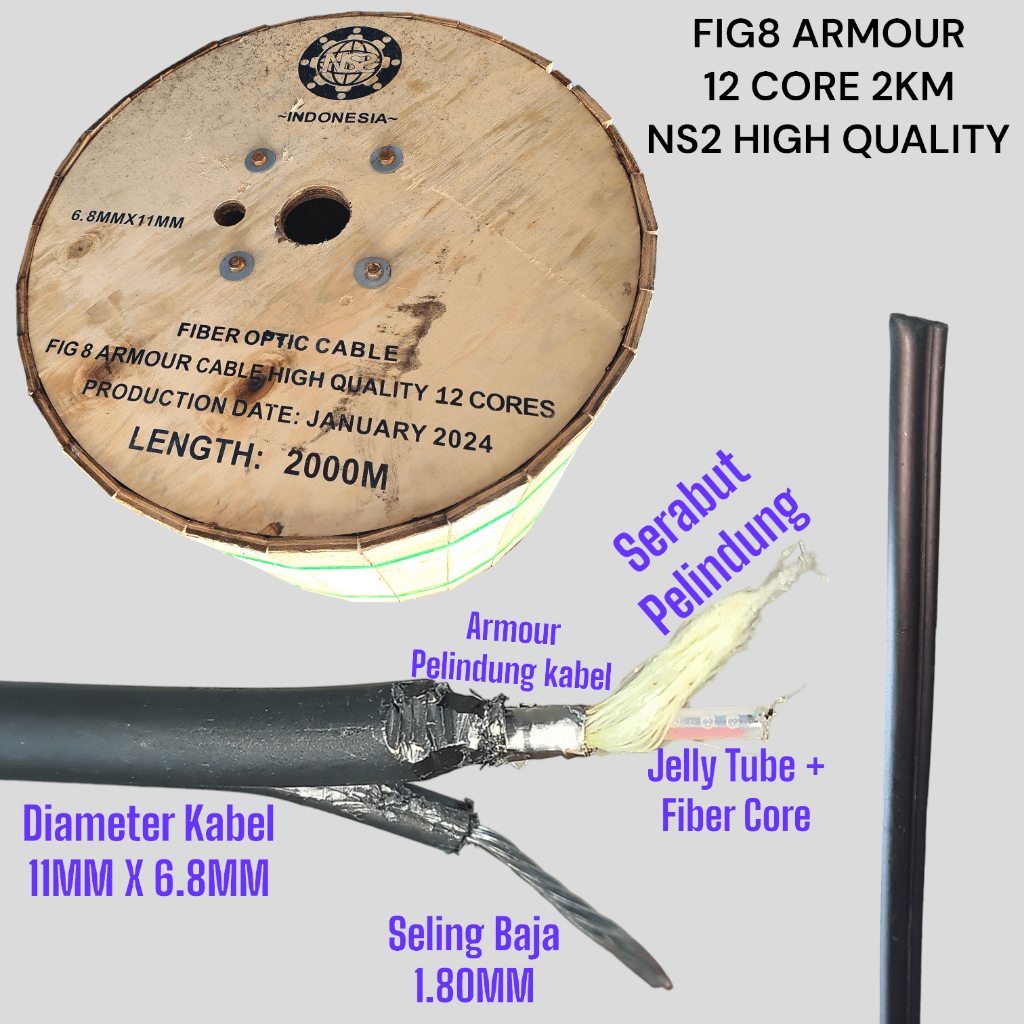 Jual kabel fo fig8 armour 12 core 2km NS2 high quality / fig8 jelly tube armor 12 core fiber ...