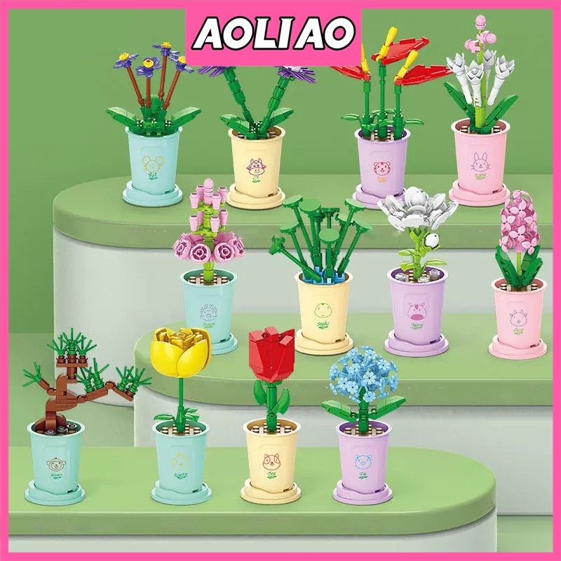 Jual AOLIAO Pot Tanaman Blok Bangunan Mini Mainan Edukatif Bunga Zodiak ...