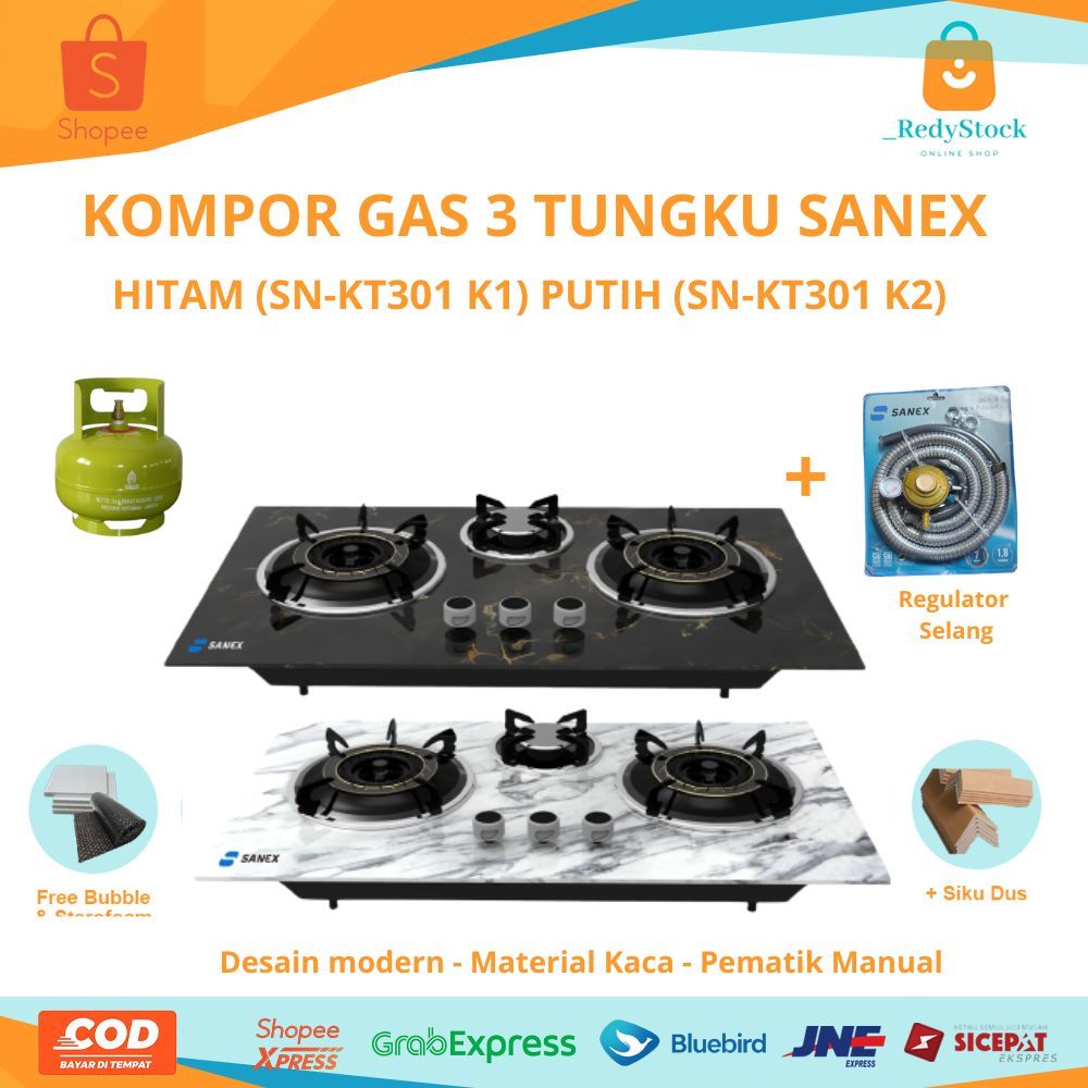 Jual SANEX Kompor Gas 3 Tungku Tanam SN-KT301 K2 Putih/Hitam NEWW | Shopee Indonesia