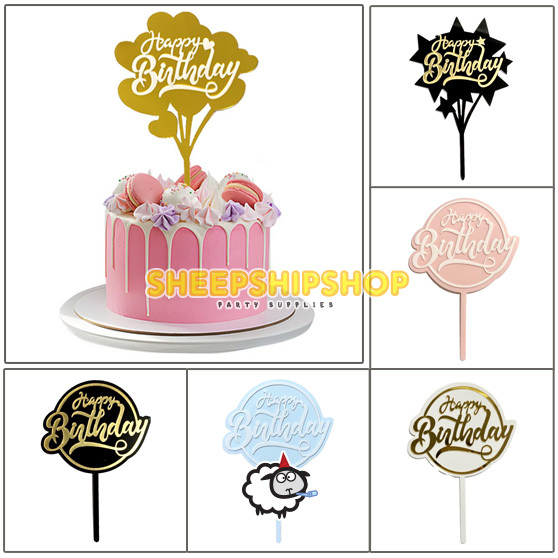 Jual CAKE TOPPER ACRYLIC 2 WARNA HBD Bentuk Love Emas Bintang Hitam ...