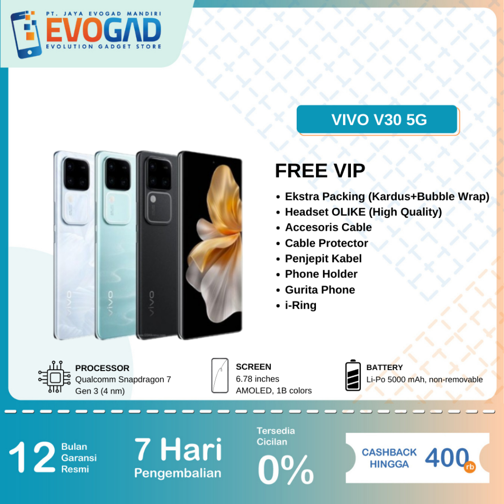 Jual Vivo V30 5G 8/256GB & 12/512GB, Snapdragon 7 Gen 3, OS Android 14, Funtouch 14 | Garansi ...