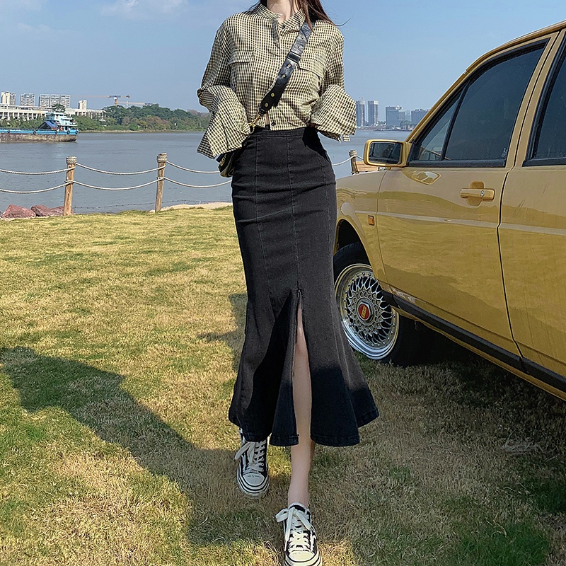 Jual Rok Denim Hitam Pinggang Korea Style Highwaist Stretch Split Hip ...