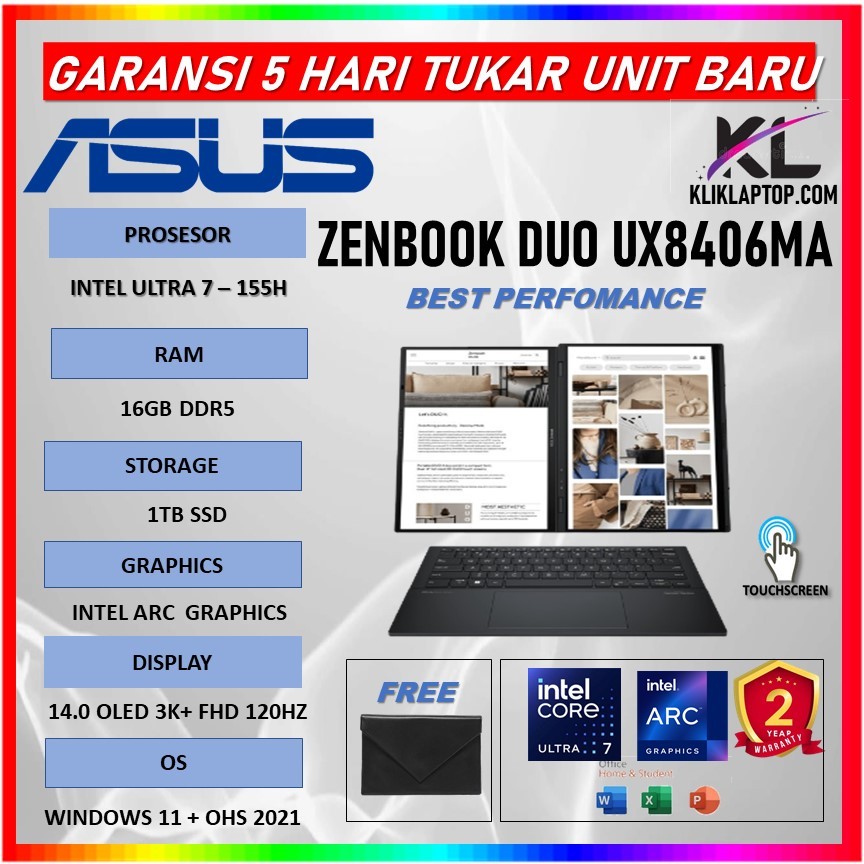 Jual Asus Zenbook Duo UX8406MA Ai Oled Touch Ultra 7 155H 16Gb 1Tb Dual ...