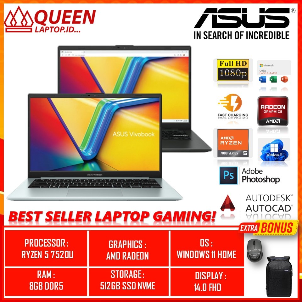 Jual LAPTOP DESIGN BARU ASUS VIVOBOOK GO 14 E1404FA AMD RYZEN 5 7520U ...