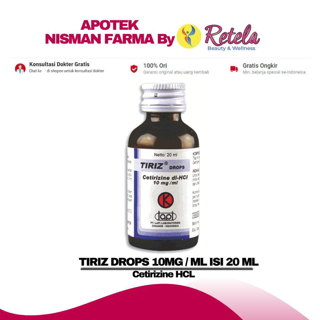 Jual TIRIZ DROPS 20 ML / CETIRIZINE/ ALERGI/ GATAL/ FLU | Shopee Indonesia