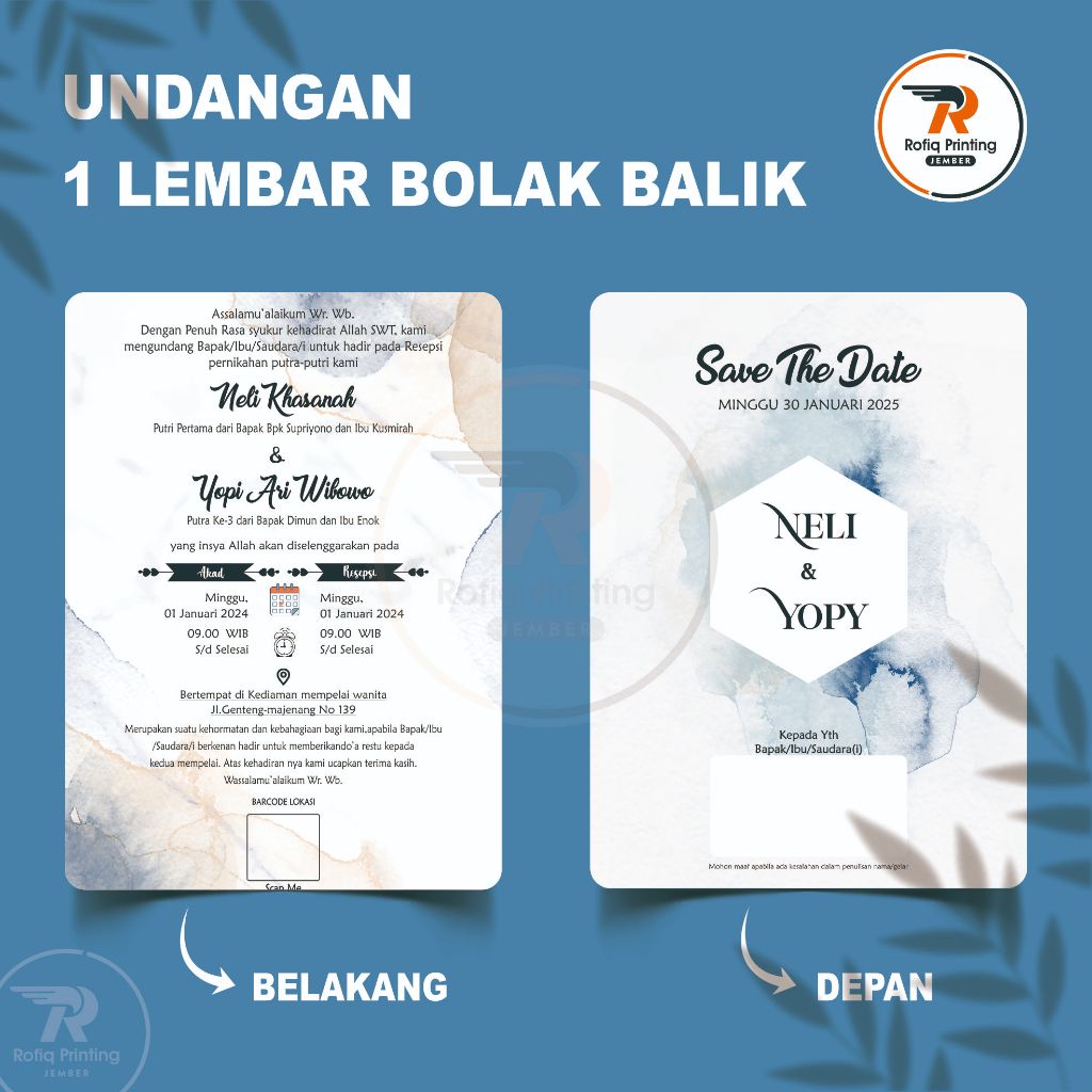 Jual Undangan Pernikahan 1 Lembar Bolak Balik | Kartu Undangan | U.4 ...
