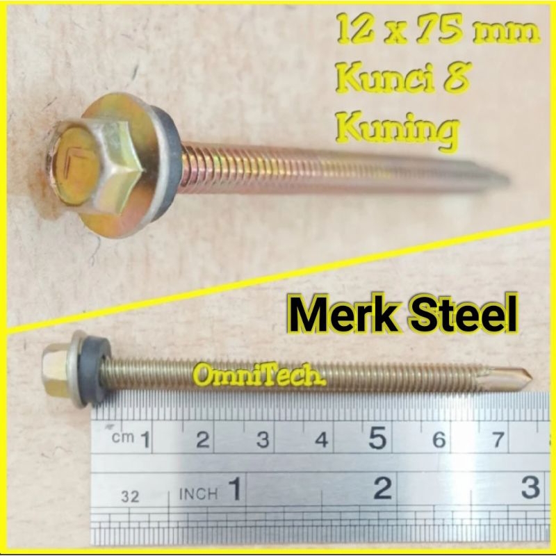 Jual Sekrup Roofing Ruping Baja Ringan SDS Kuning 7,5 cm 12 x 75 mm ...