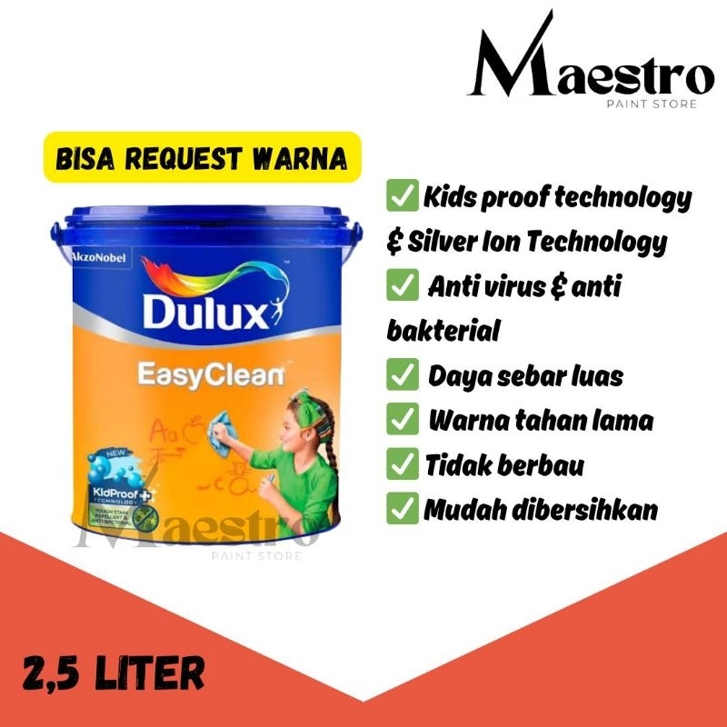Jual CAT TEMBOK INTERIOR DULUX EASY CLEAN 2,5 LITER PUTIH BRILLIANT WHITE & BISA CUSTOM WARNA ...