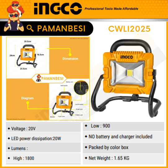 Jual LAMPU SOROT 20 WATT TEMBAK LED CORDLESS 20V WORK LAMP INGCO ...