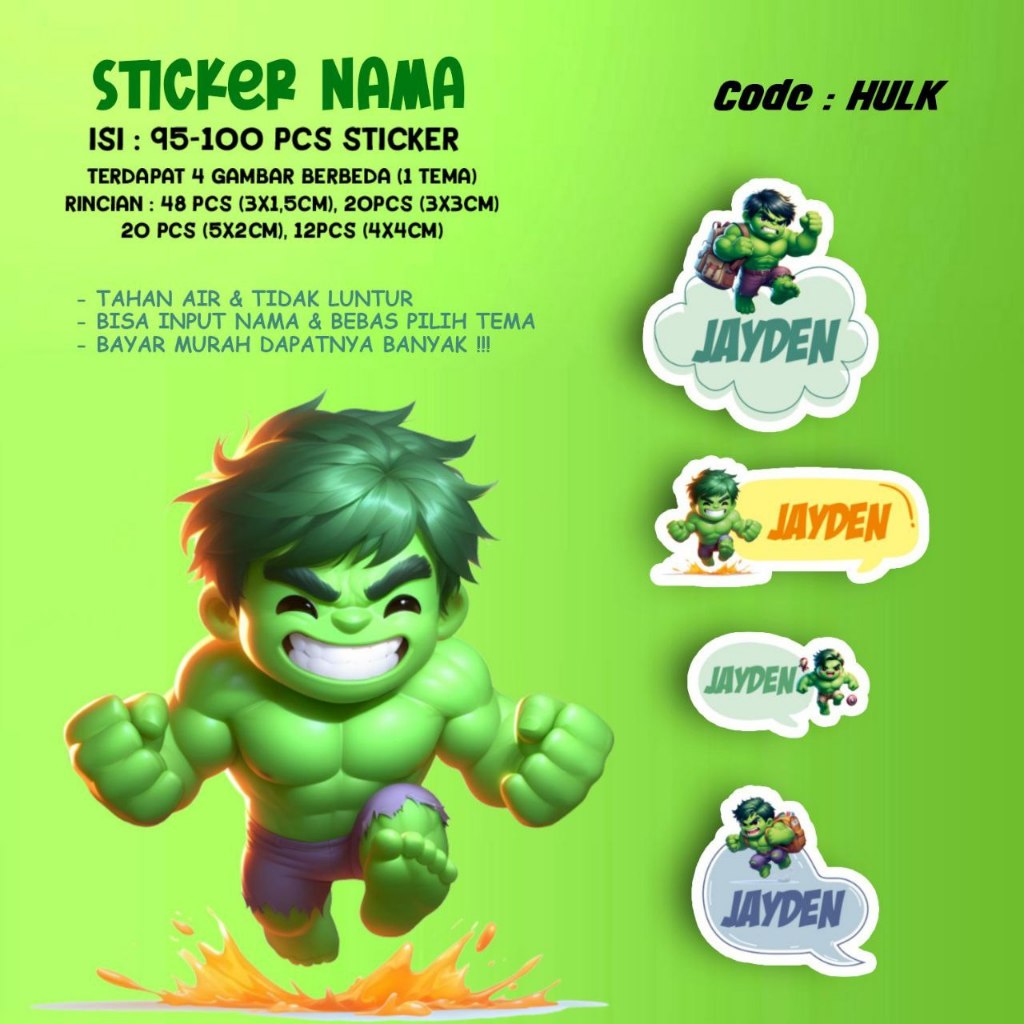 Jual Sticker / Stiker Label Nama Karakter Tema HULK / CUTE HULK ...