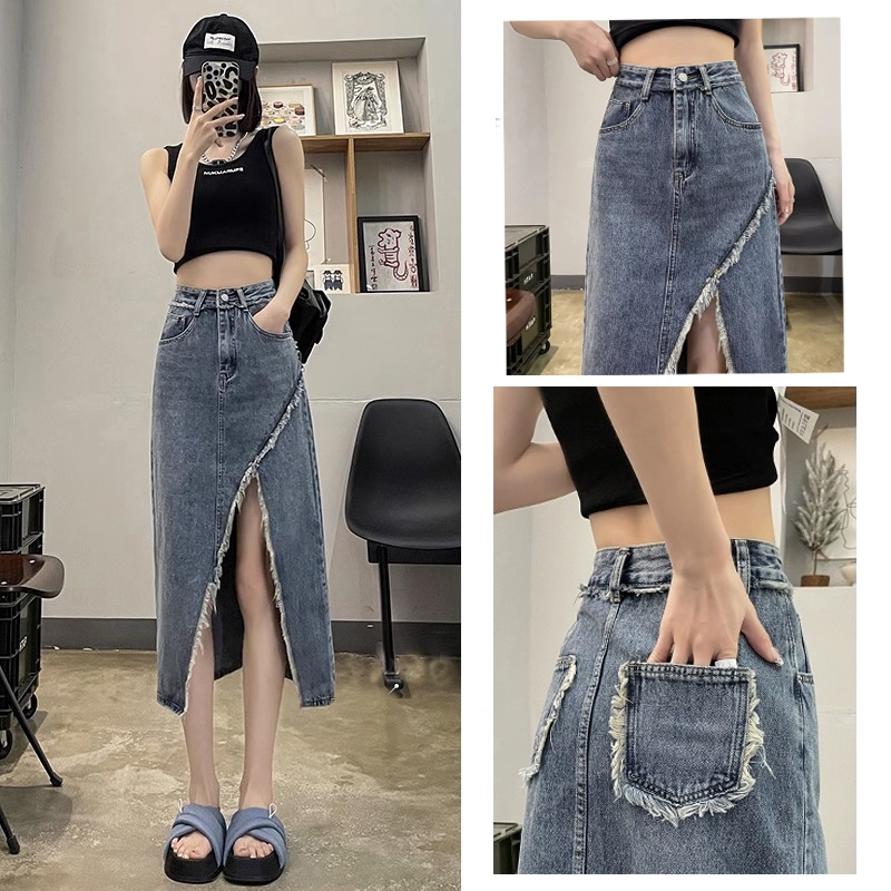 Jual Rok biru highwaist rok skirt midi Jeans split rok a-line ripped ...