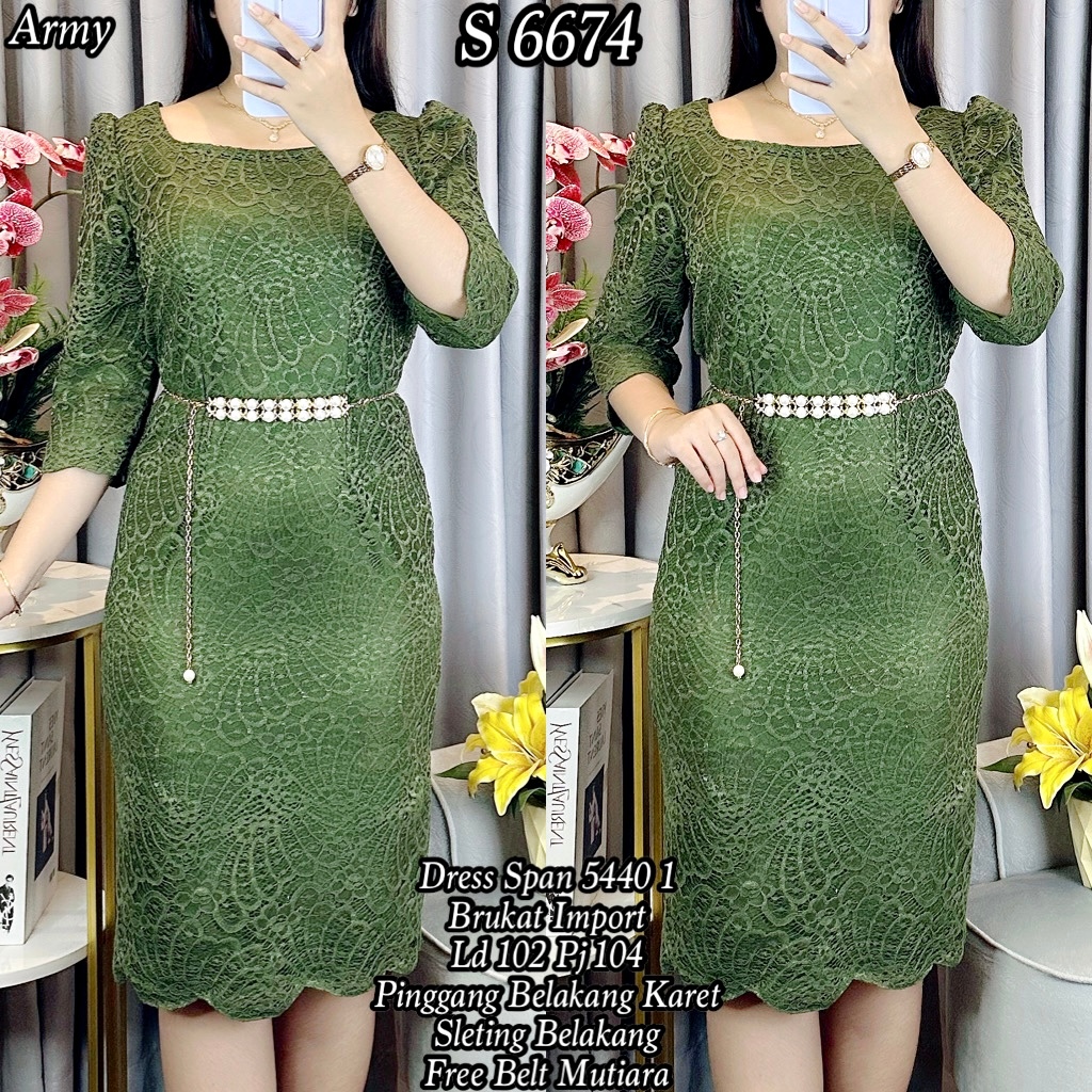 Jual 6674 Dress Span Brukat Super Premium Free Belt Mutiara Cantik ...