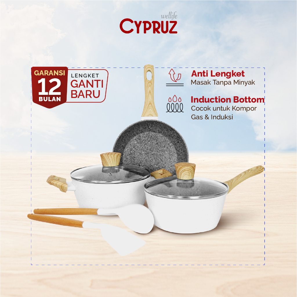 Jual Cypruz Cookware Set White Granite Series Panci Set Premium Anti ...