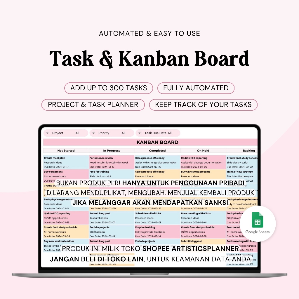 Jual Kanban Board Spreadsheet | Task Tracker | To Do List | Project ...