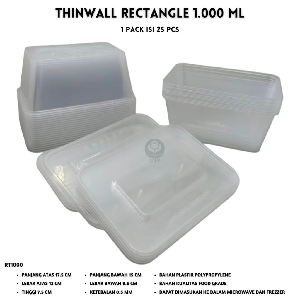 Jual Thinwall Rectangle 1.000 Ml Food Container (Isi 25-RT1000 ...