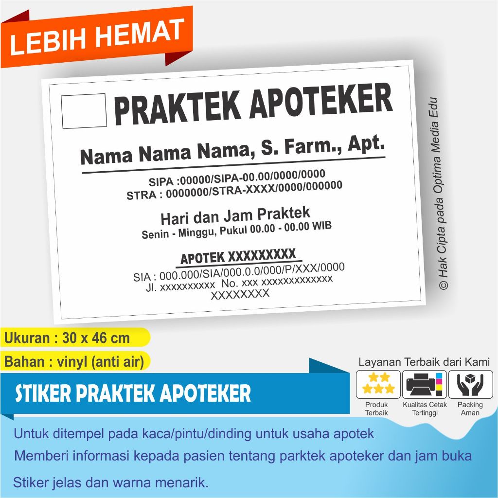 Jual CETAK STIKER PRAKTEK APOTEKER LENGKAP UNTUK DI TEMPEL DI KACA ...
